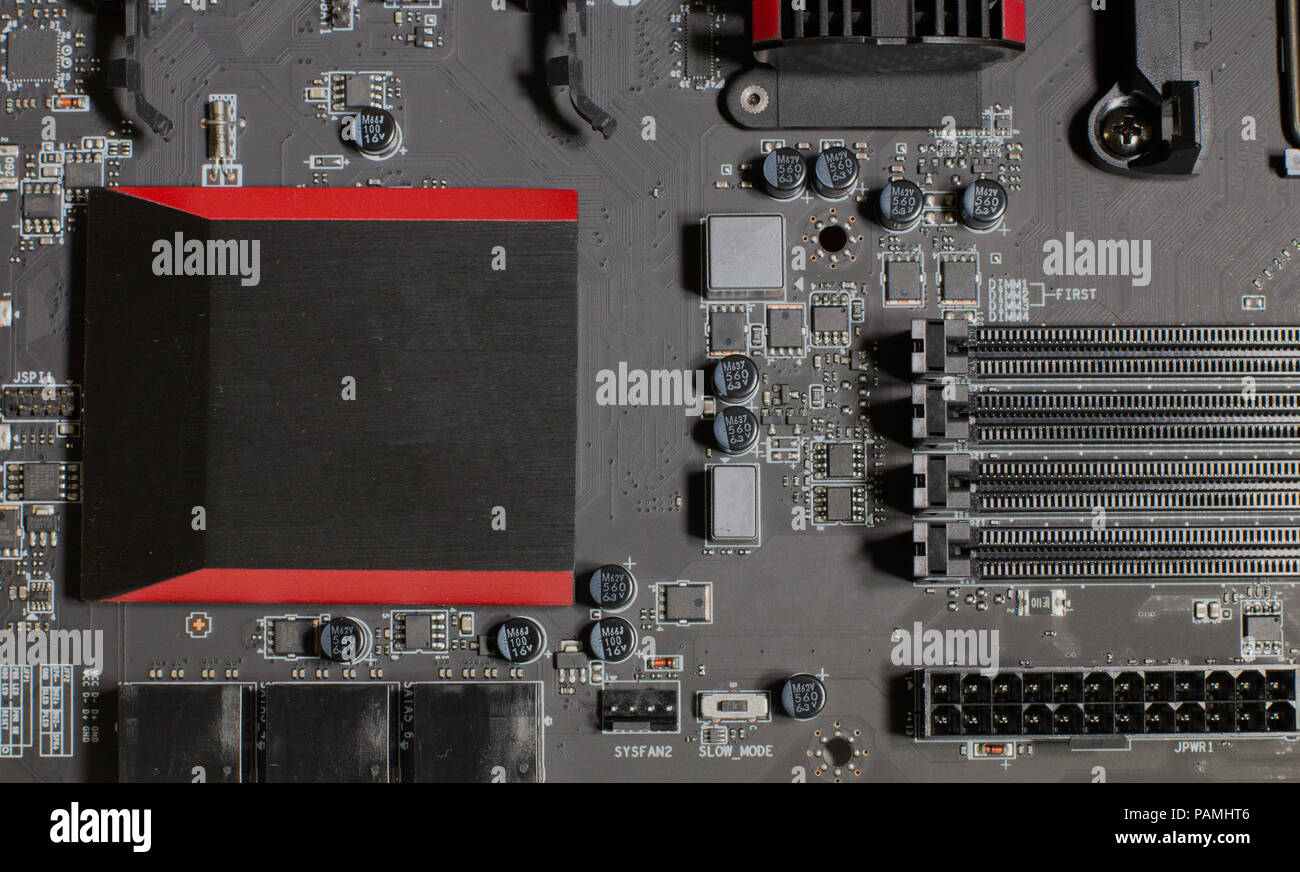 Computer motherboard with a view of parts and components Stock Photo ...