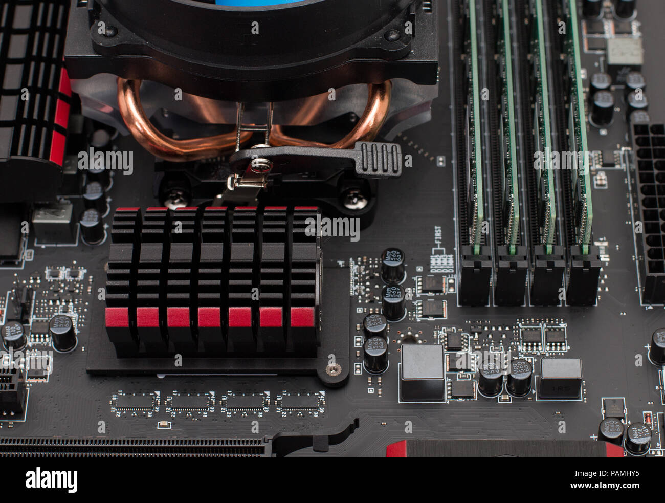 Computer motherboard with a view of parts and components Stock Photo ...