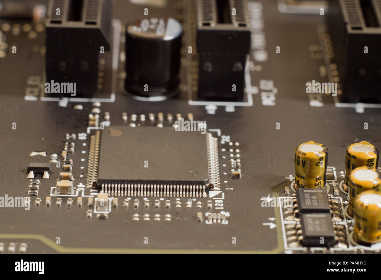 Computer motherboard with a view of parts and components Stock Photo ...