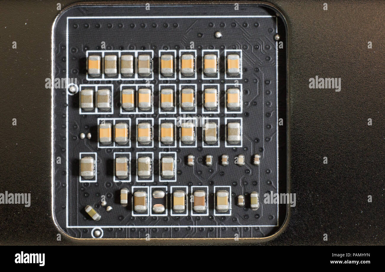 Computer motherboard with a view of parts and components Stock Photo ...