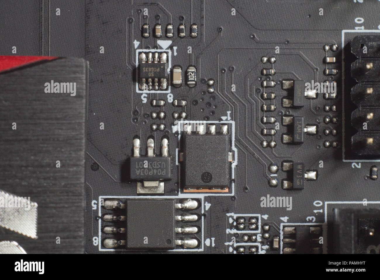 Computer motherboard with a view of parts and components Stock Photo ...