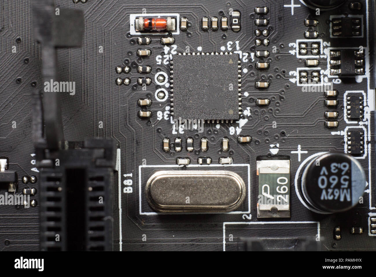 Computer motherboard with a view of parts and components Stock Photo ...