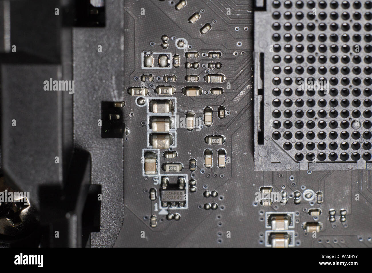 Computer motherboard with a view of parts and components Stock Photo ...