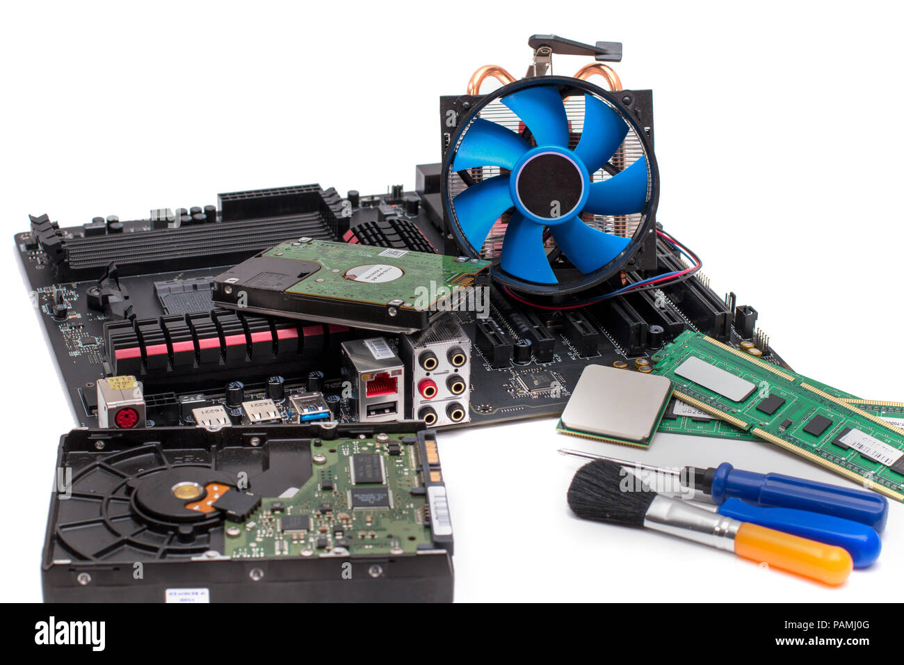 Computer motherboard with a view of parts and components Stock Photo ...