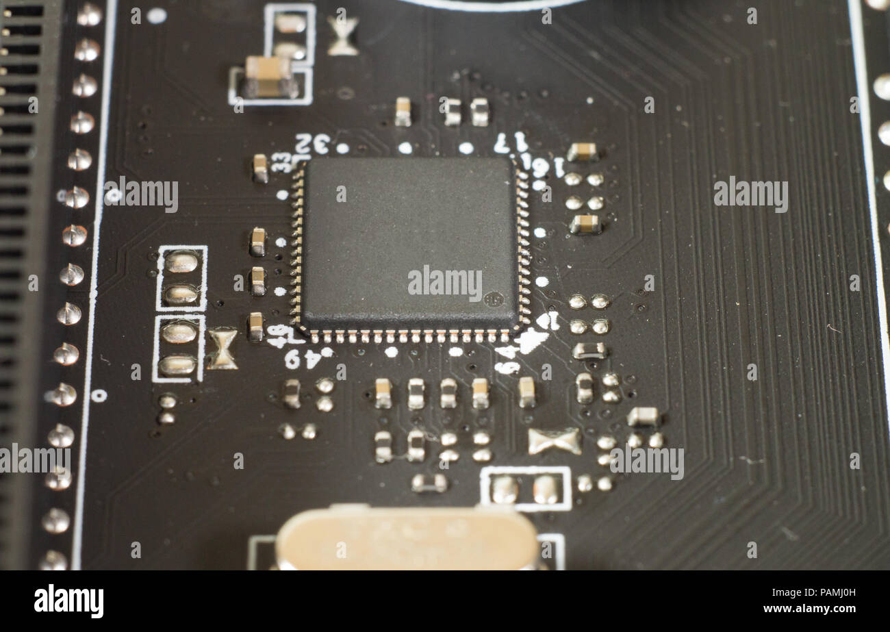 Computer motherboard with a view of parts and components Stock Photo ...