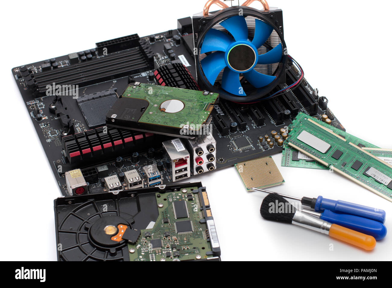 Computer motherboard with a view of parts and components Stock Photo ...