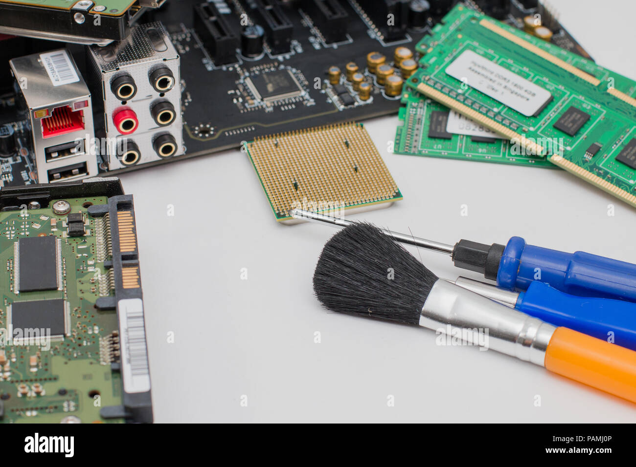 Computer motherboard with a view of parts and components Stock Photo ...