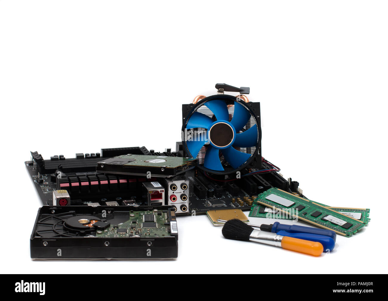 Computer motherboard with a view of parts and components Stock Photo ...