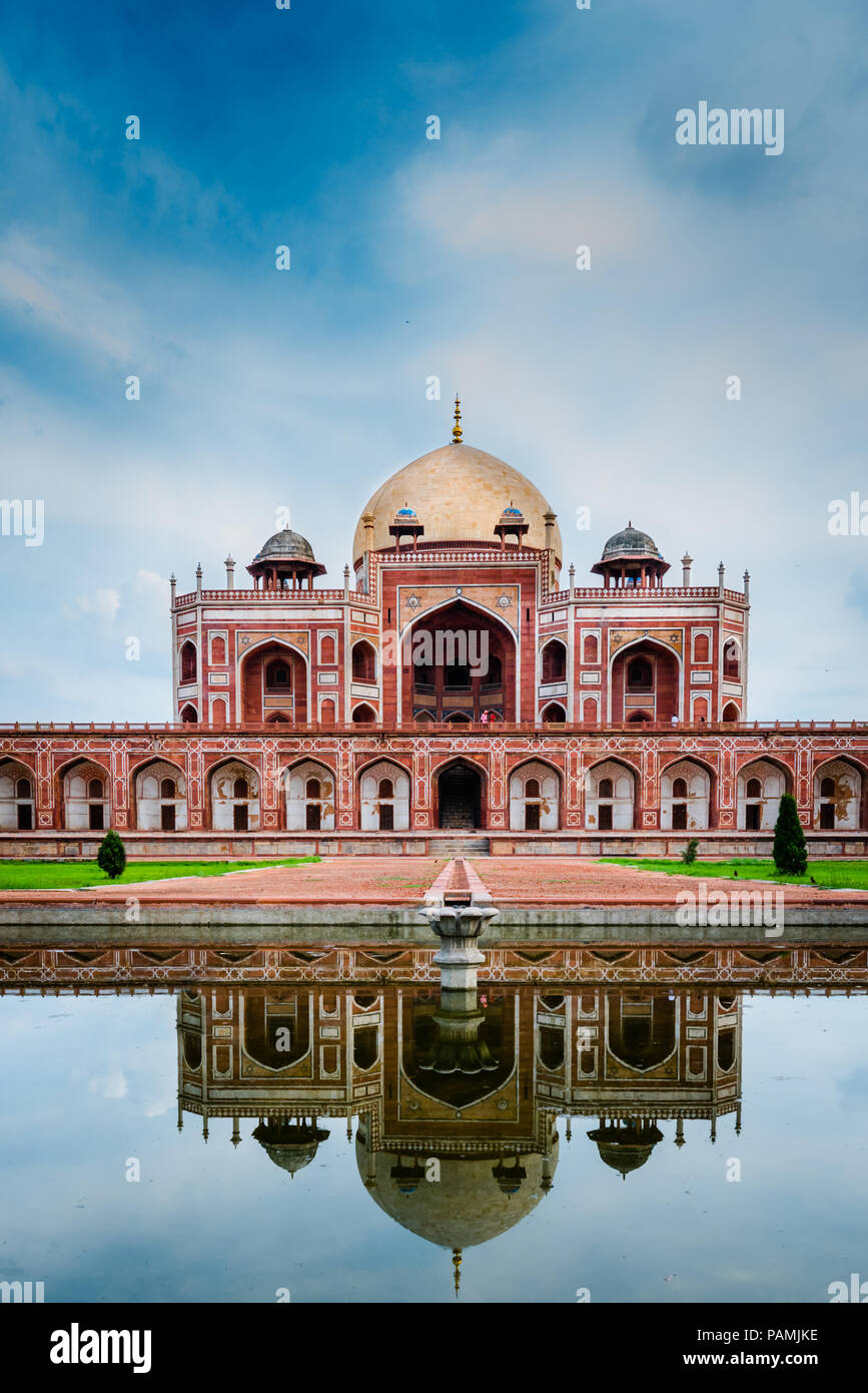 A reflection view Humayun's Tomb, Delhi, a UNESCO World Heritage site ...