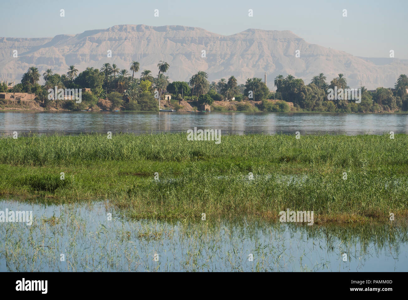 Panoramic landscape rural countryside view of large river nile in arid ...