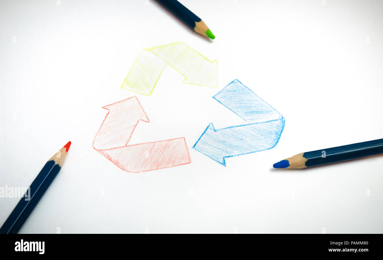 Recycle sign hand drawing with green red and blue pencils Stock Photo ...