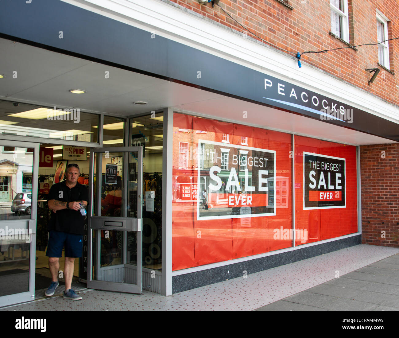 Lymington, United Kingdom - July 22 2018: The front of Peacocks shop in ...
