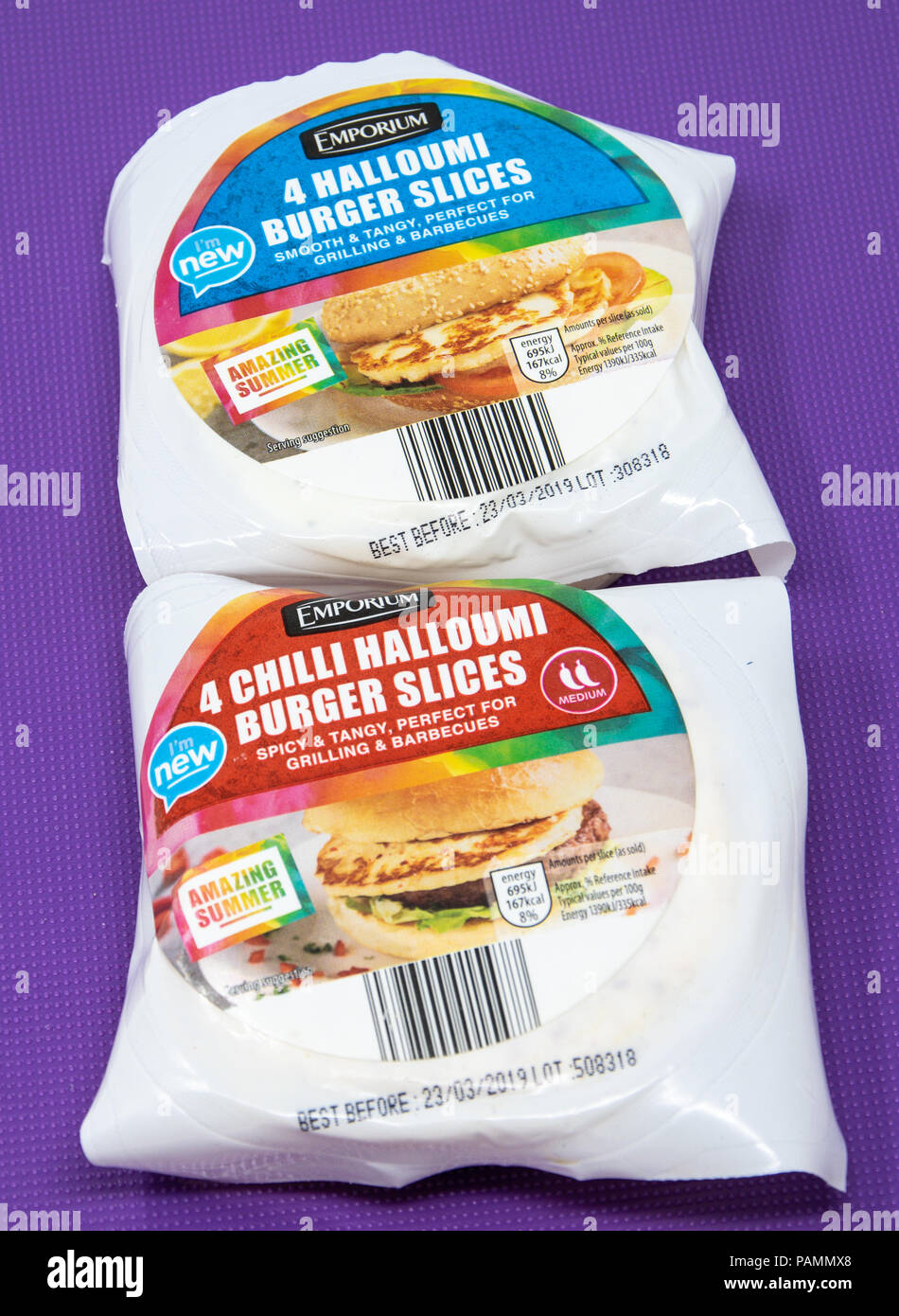 Reading, United Kingdom - July 08 2018: Packets of halloumi cheese ...