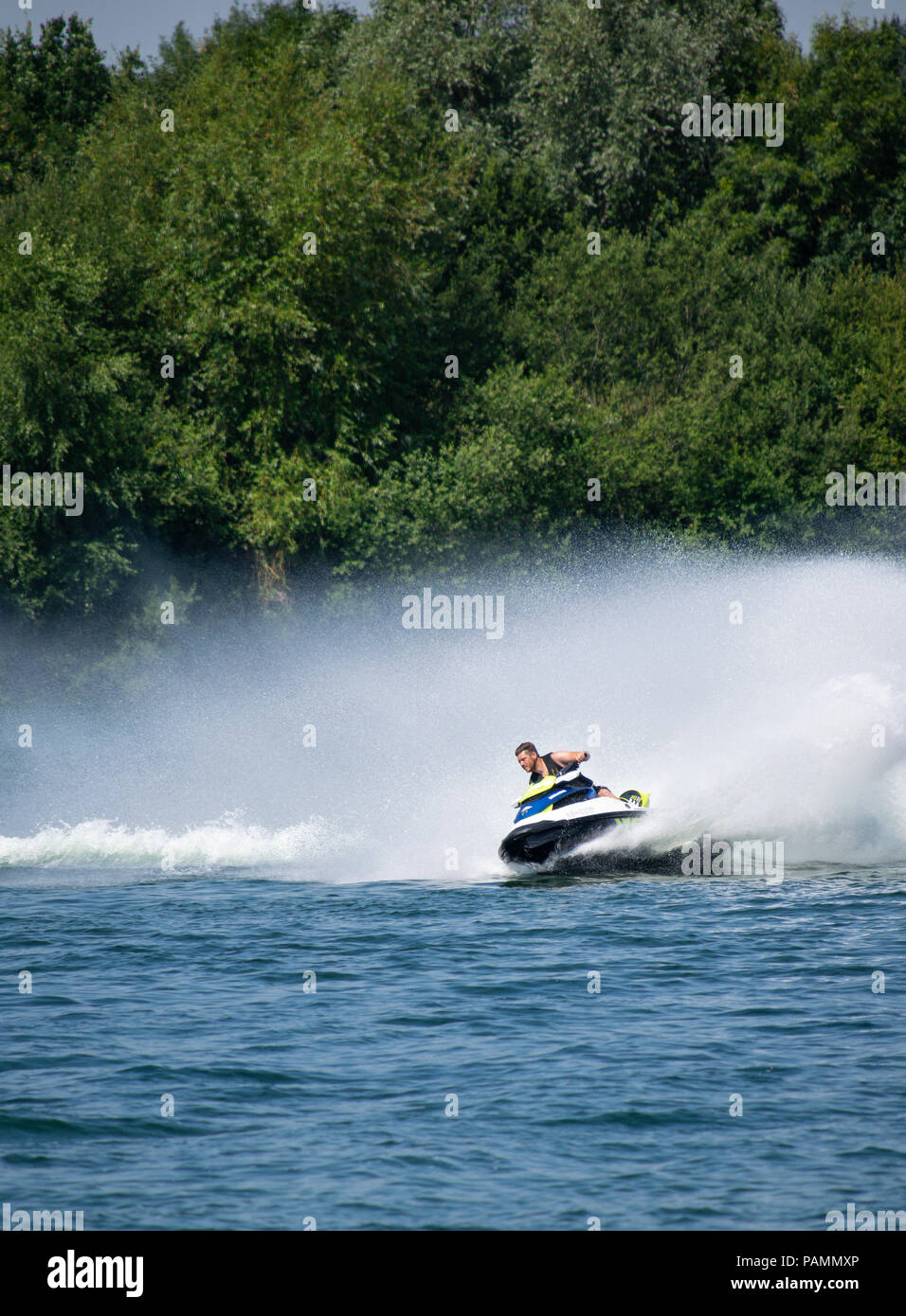 Reading, United Kingdom - July 07 2018: A Jet Ski travels across ...