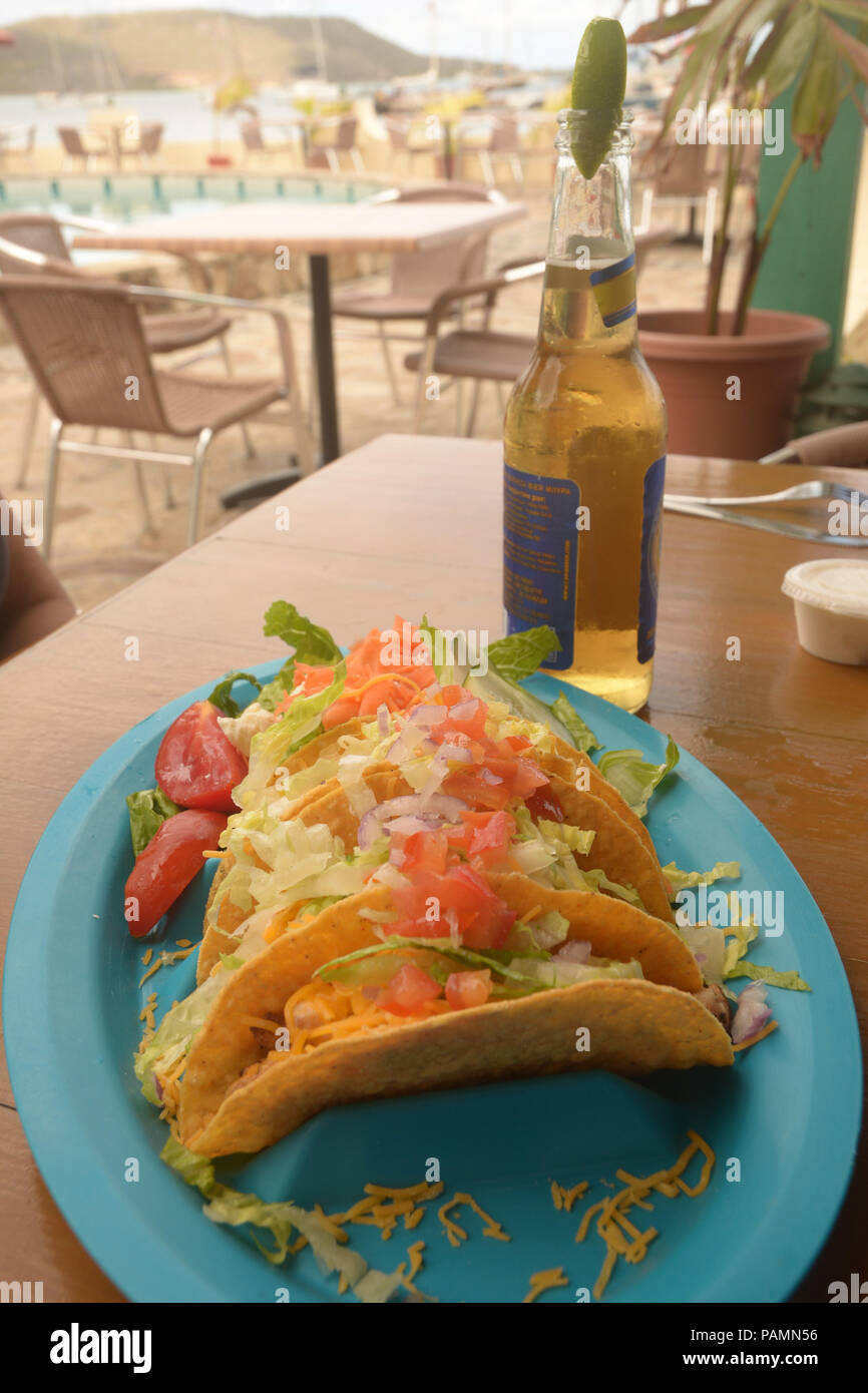 A freshly cooked fish taco sit on a table at Leverick Bay, Virgin Gorda ...