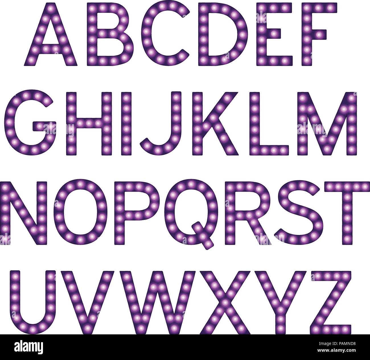 Alphabet with purple light bulbs, letters with lamps, lamp font ...