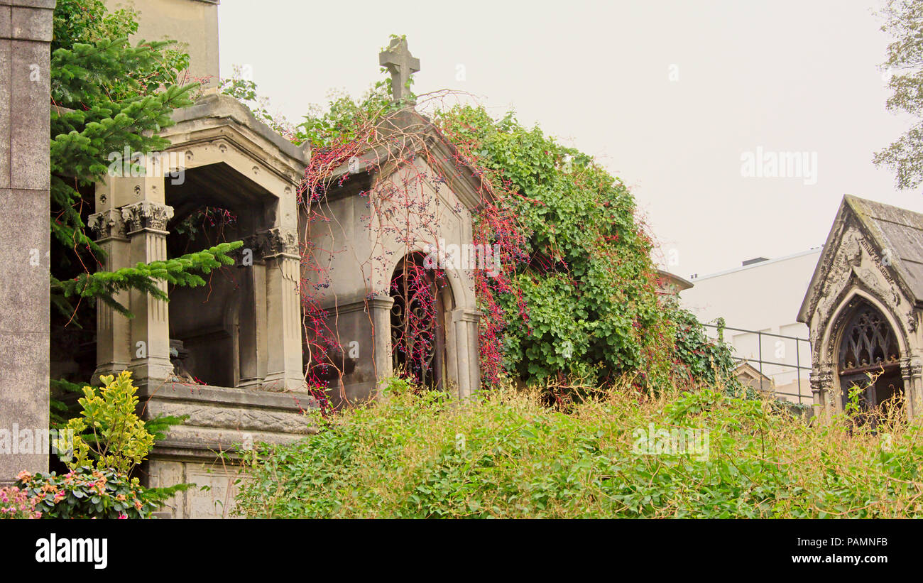 Old grave tombs and autumn trees in Mont martre cemetery, Paris, France ...