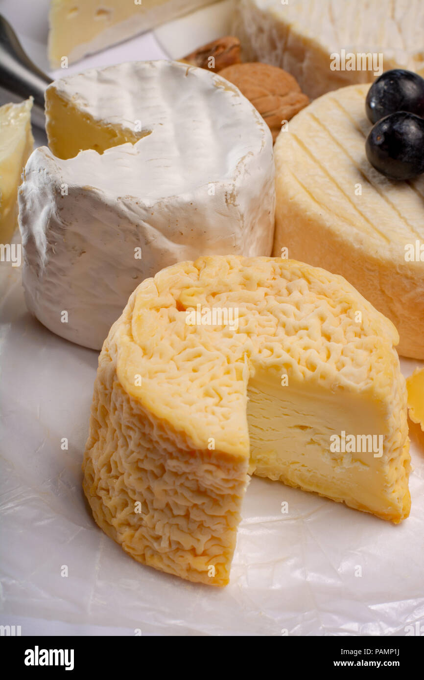 French AOC soft cow cheeses, crumbly Langres with washed rind structure ...