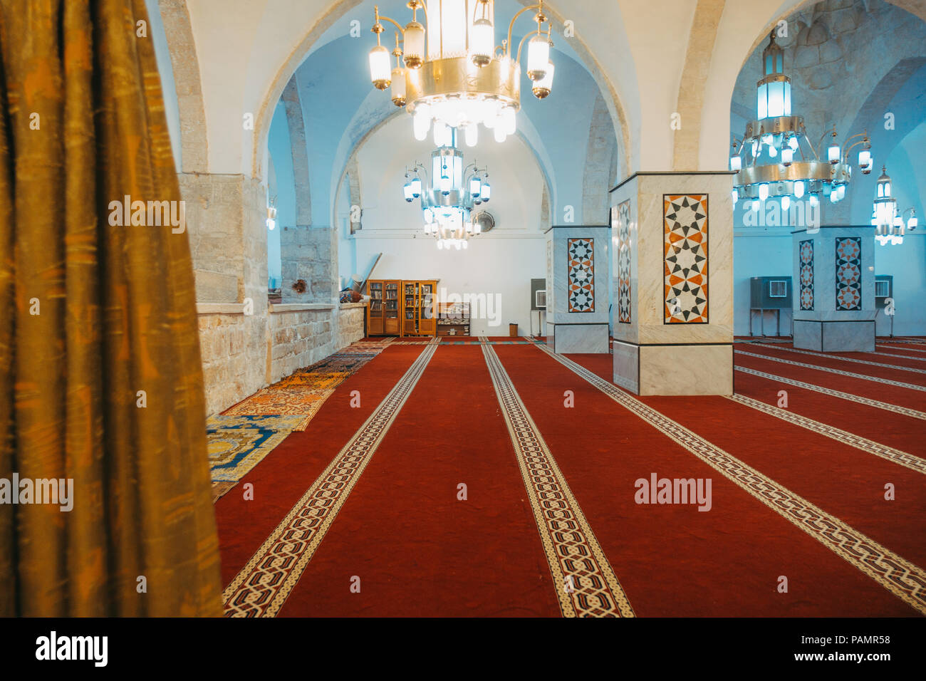 inside the mosque side of the Cave of the Patriarchs in between prayer ...