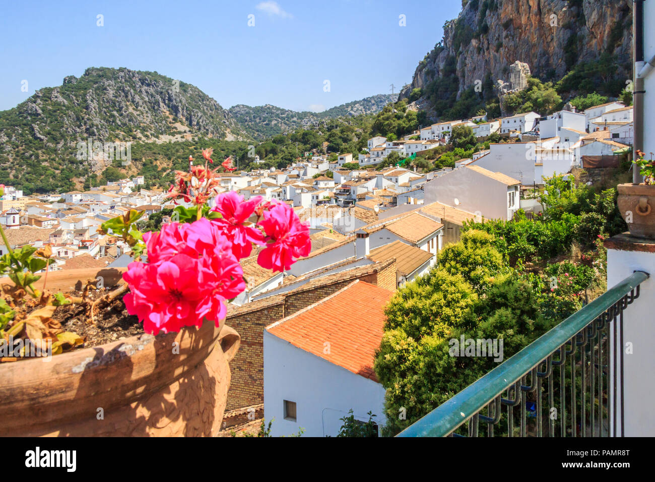 Red pelagonium and view over Ubrique, Cadiz Province, Spain Stock Photo ...