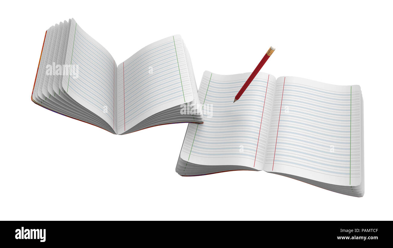 Flying notebooks on white background, With pencil Stock Photo - Alamy