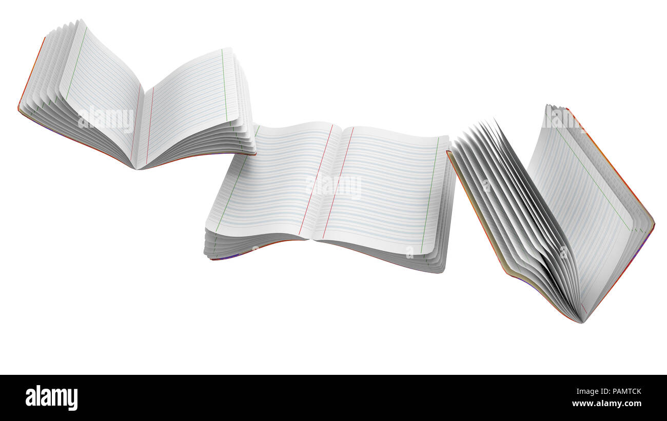 Flying notebooks on white background Stock Photo - Alamy