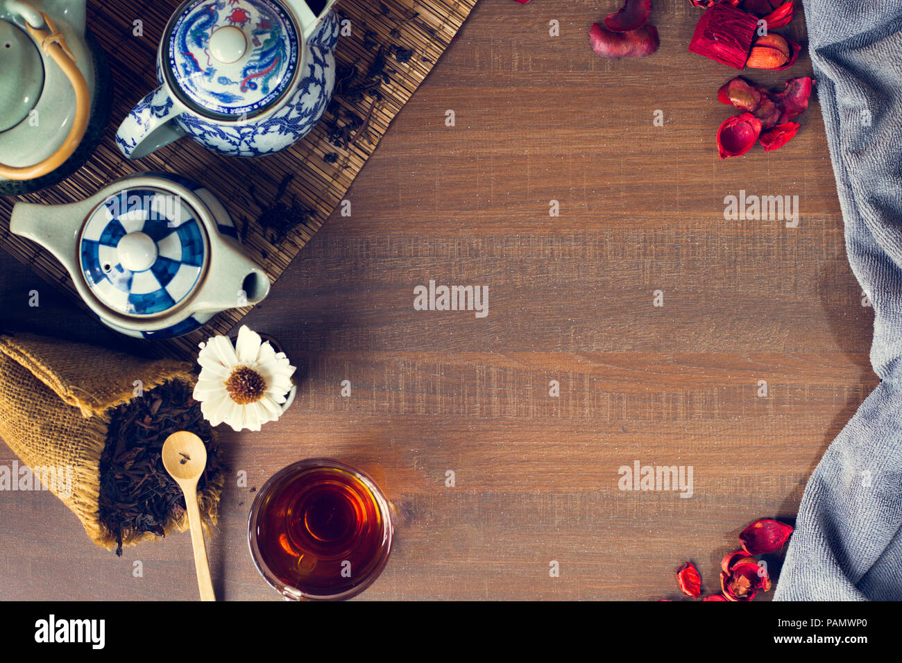 Flat lay group of tea set and space for yout text Stock Photo - Alamy