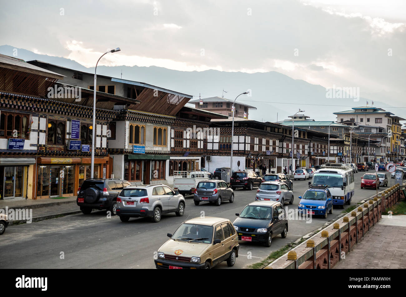 Paro, Bhutan - April 11, 2016: The city of Paro in Bhutan is a complex ...