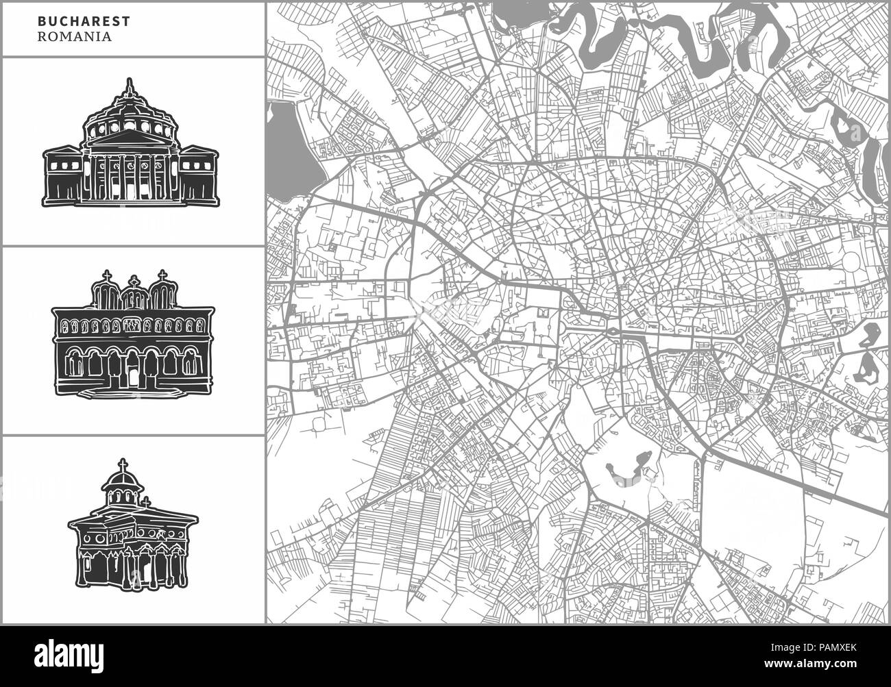 Bucharest city map with hand-drawn architecture icons. All drawigns ...