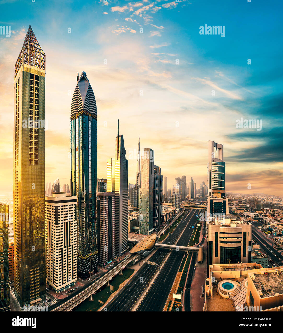 Dubai sunset panoramic view of downtown. Dubai is super modern city of ...