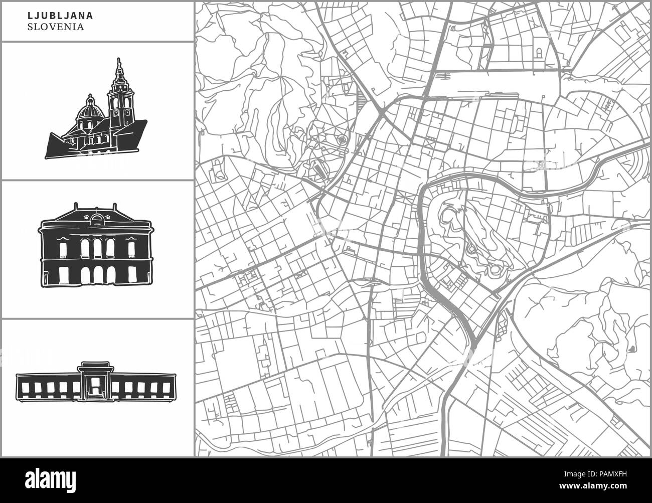 Ljubljana city map with hand-drawn architecture icons. All drawigns ...