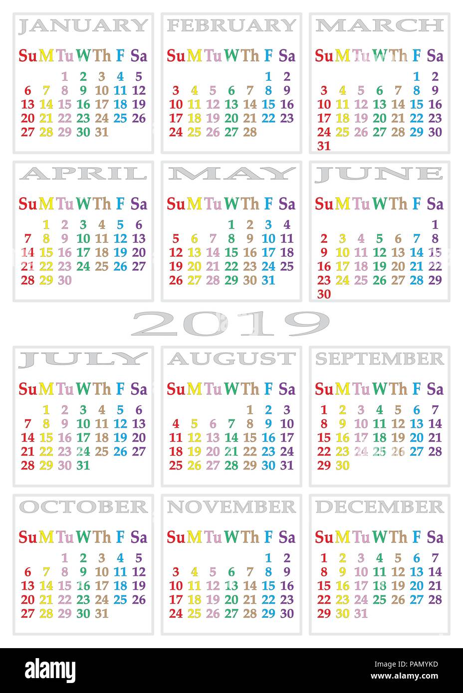 CALENDAR 2019 on white background with specific color for each day of ...
