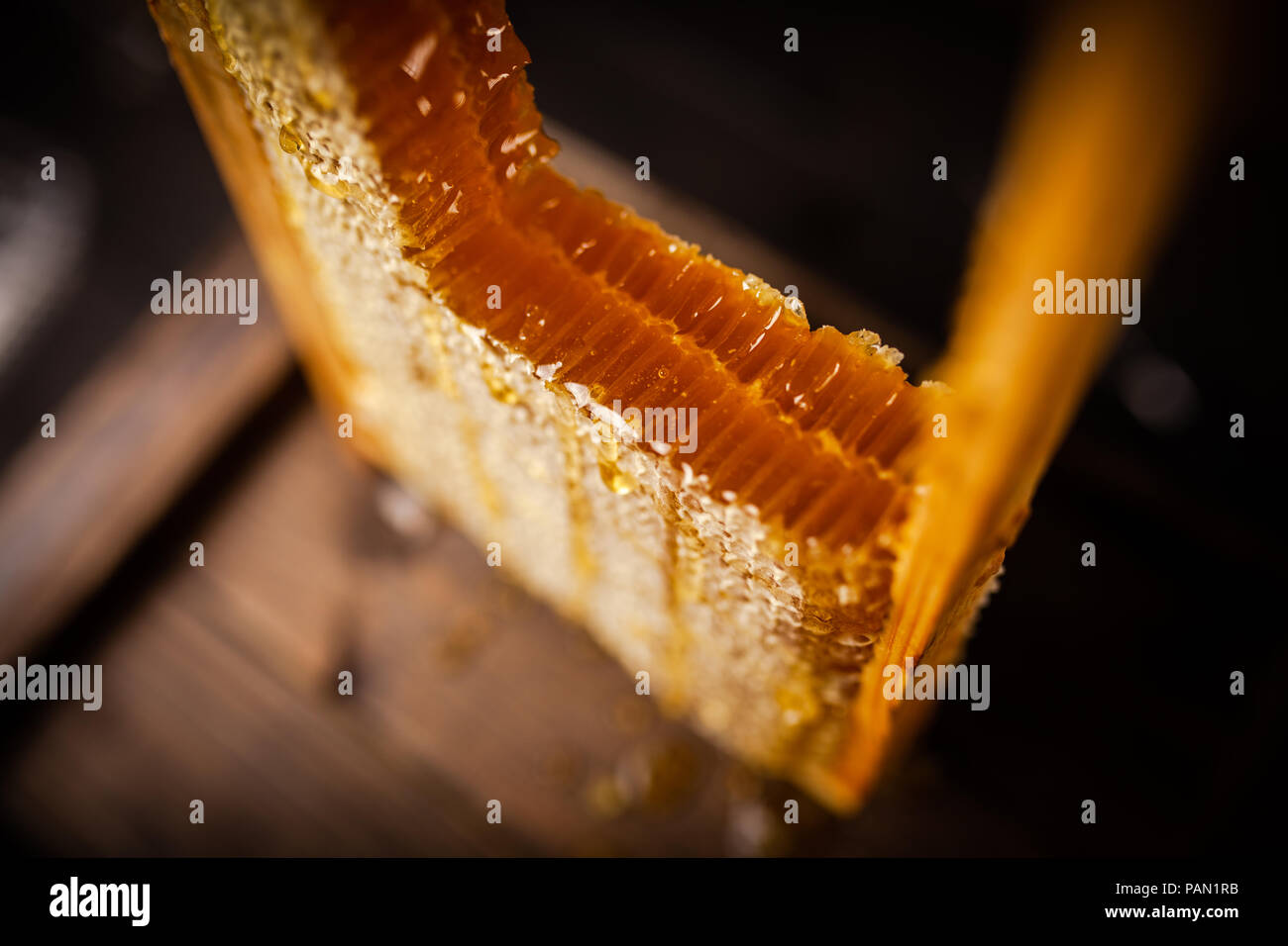 Honeycomb in a wooden frame cut in pieces Stock Photo - Alamy