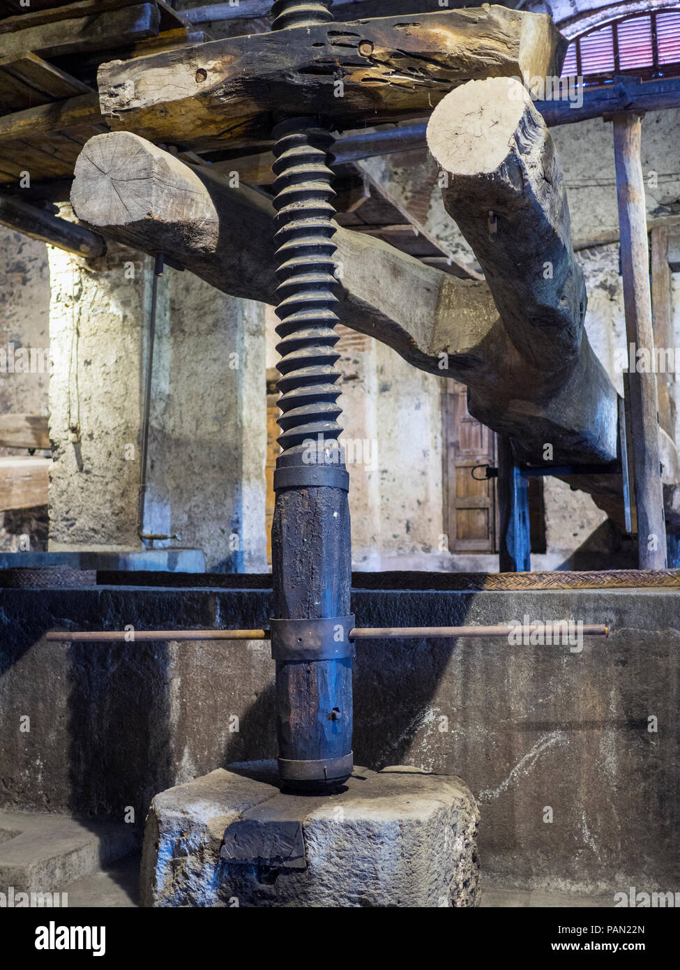 An old wooden wine press at Grazi Wines, one of the new generation of ...