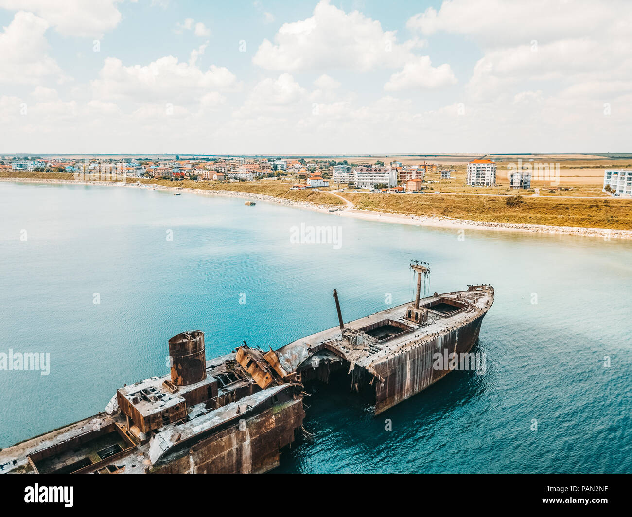 Aerial Drone View Of Old Shipwreck Ghost Ship Vessel Stock Photo - Alamy