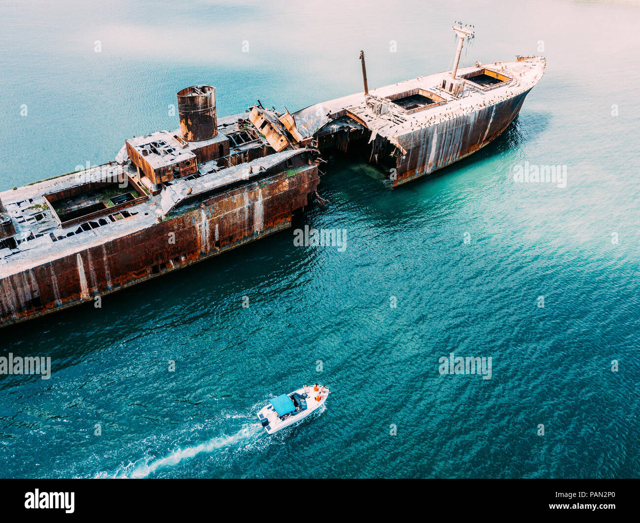 Aerial Drone View Of Old Shipwreck Ghost Ship Vessel Stock Photo - Alamy