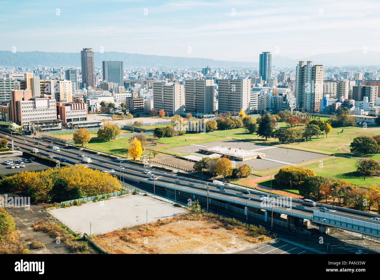 Modern buildings and overpass road at autumn in Osaka, Japan Stock ...