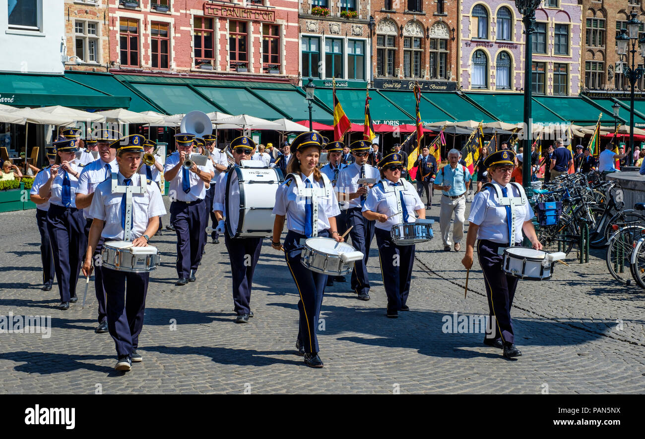 A band marching in a parade in the Grote Markt (Place de Bruges ...