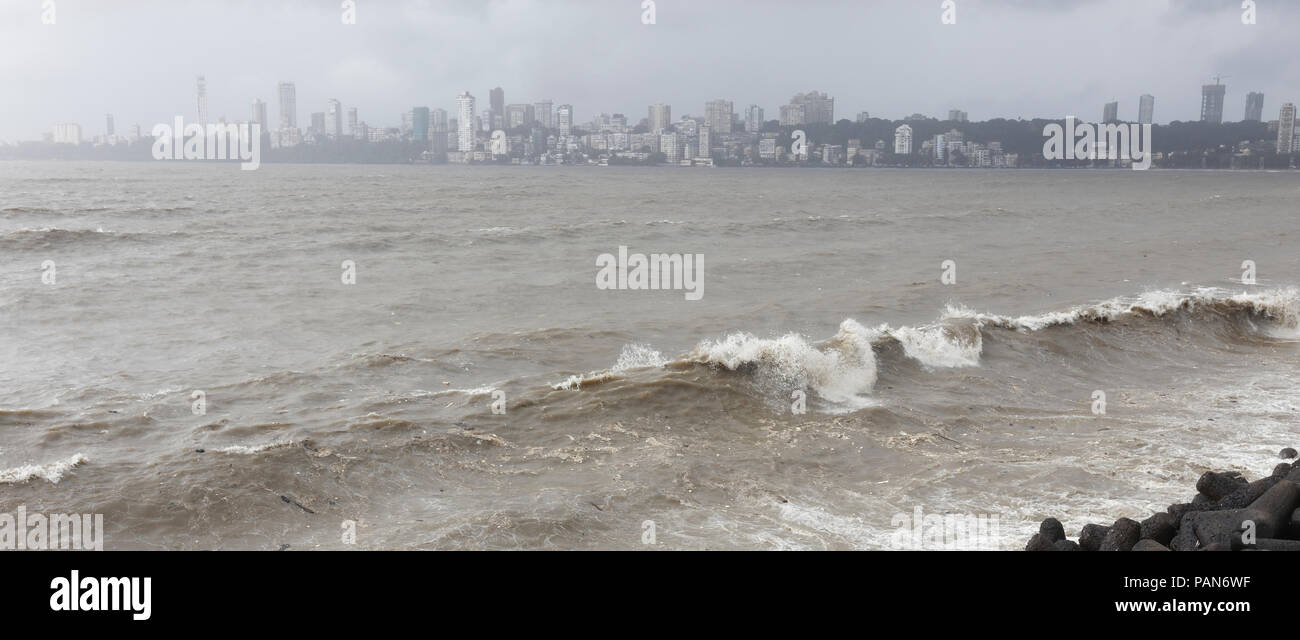 High Tidal Waves Splashing Sea Water At Marine Drive Promenade in ...