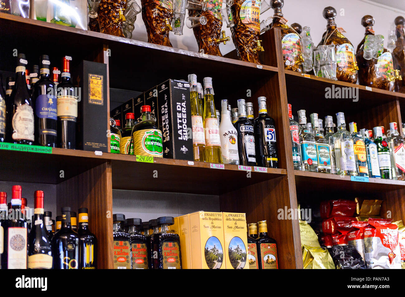 CITY OF SAN MARINO, SM - MAY 11, 2016: Bottles on the shelves of the ...