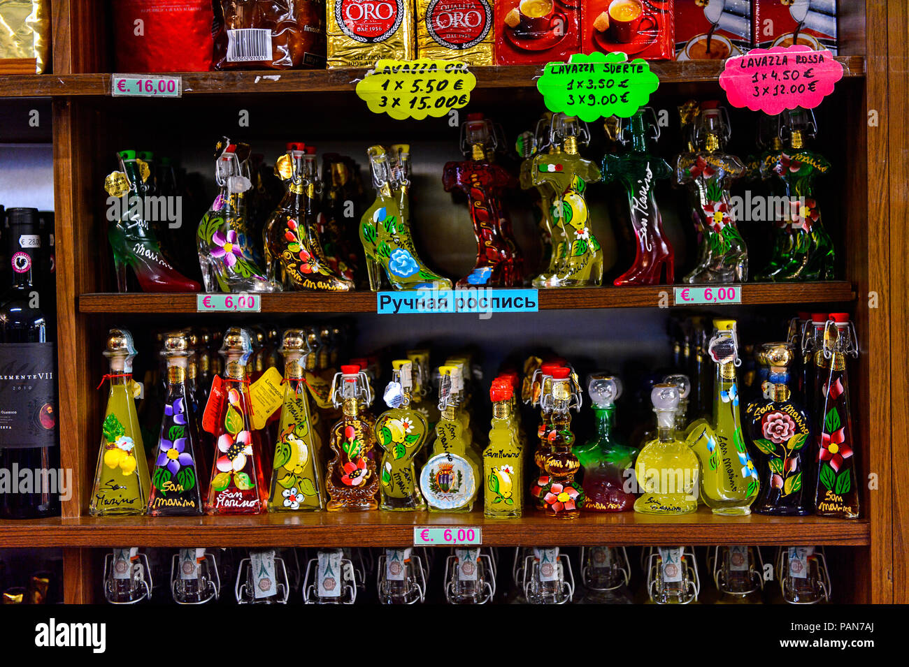 CITY OF SAN MARINO, SM - MAY 11, 2016: Assortment of the beverages at ...