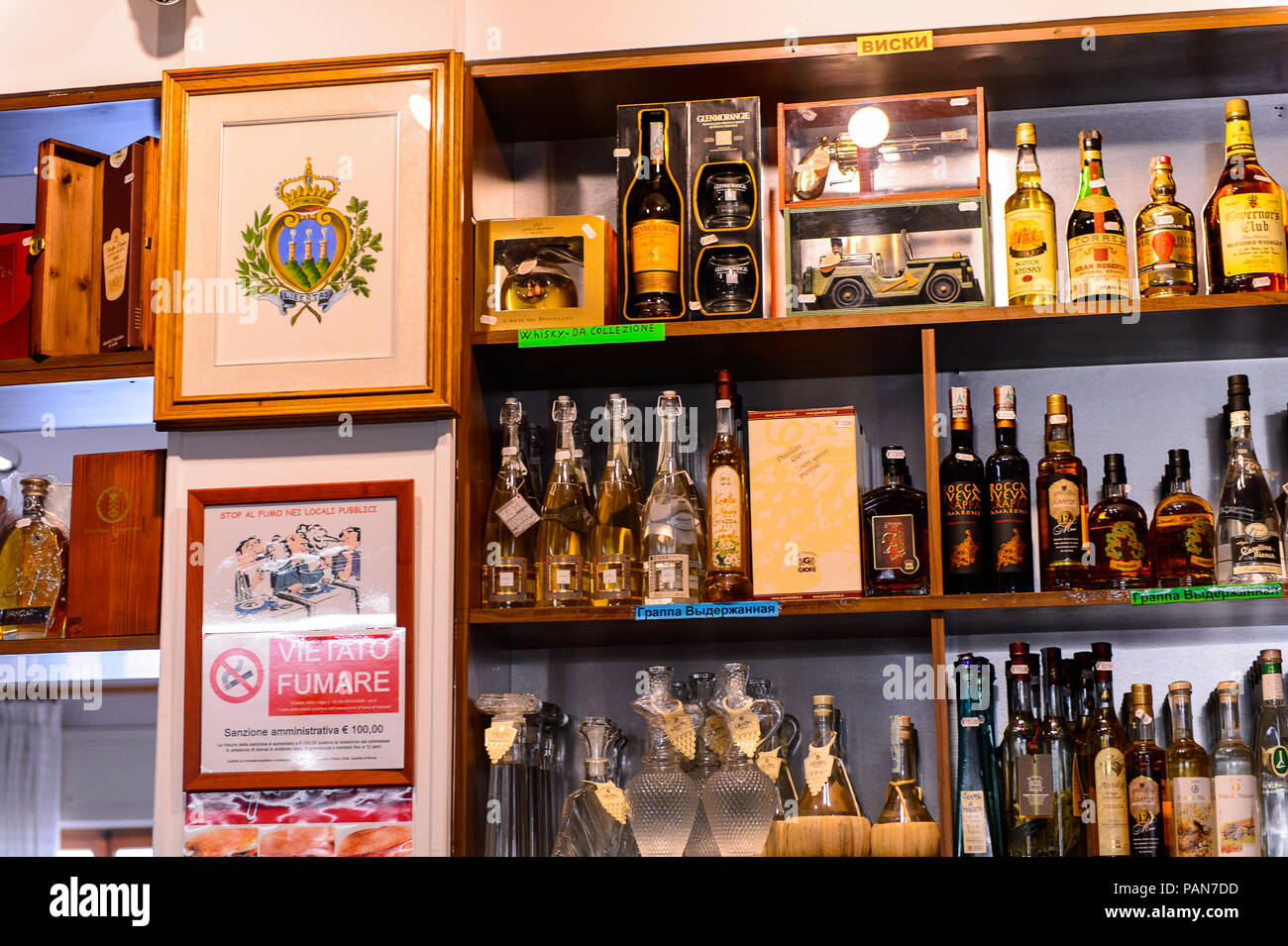 CITY OF SAN MARINO, SM - MAY 11, 2016: Assortment of the beverages at ...