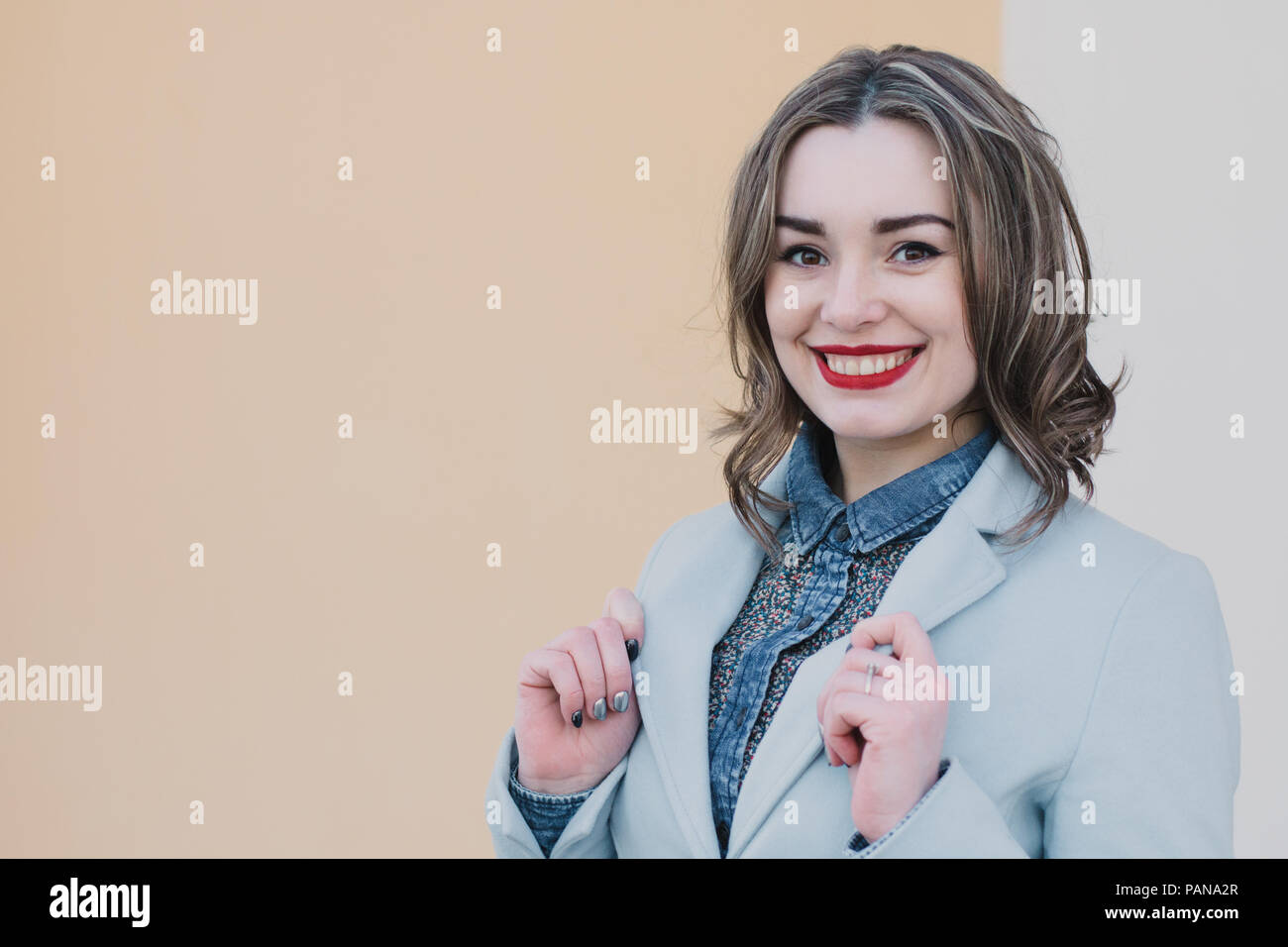 Portrait of a happy enamored girl in anticipation of a beloved man in ...