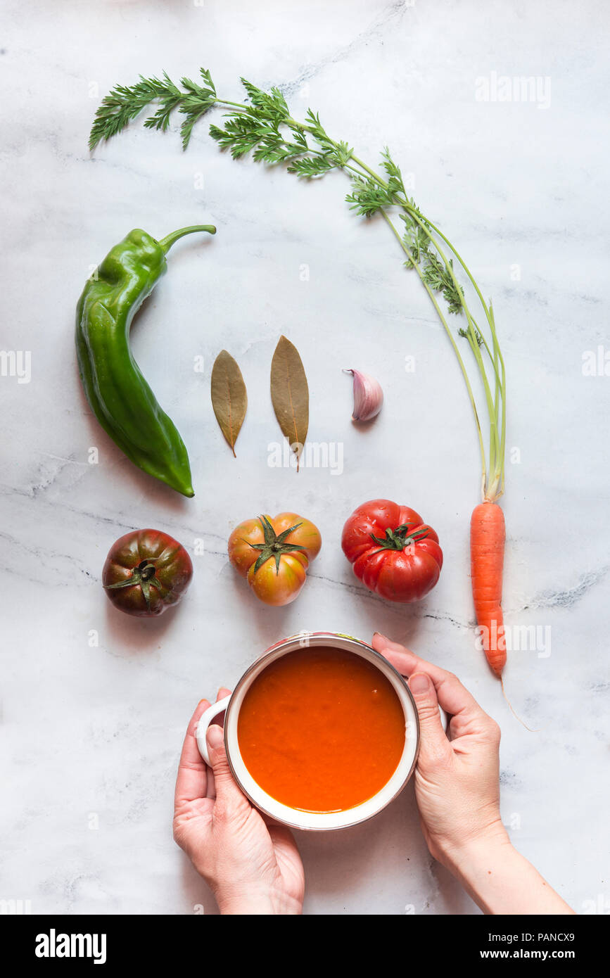 Hands holding cooking pot tomato soup hi-res stock photography and ...