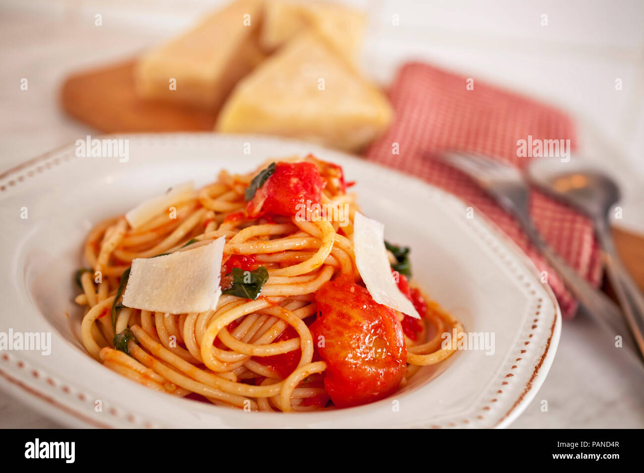 Tasty colorful appetizing cooked spaghetti italian pasta with tomato ...