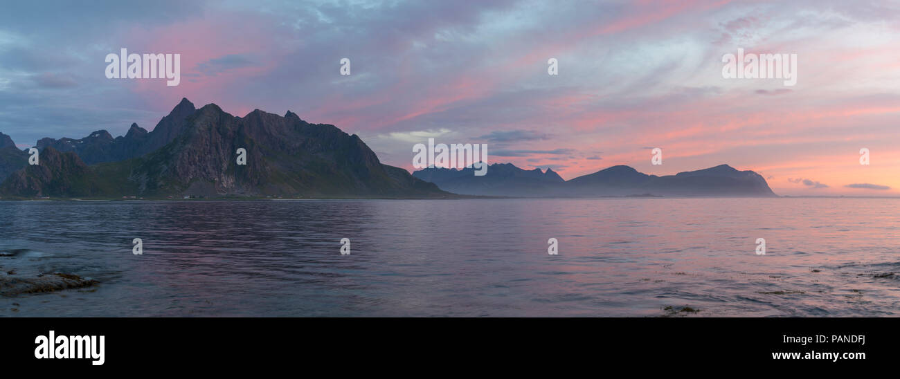 Village of Flakstad seen from across the fjord, Lofoten Islands, Norway ...