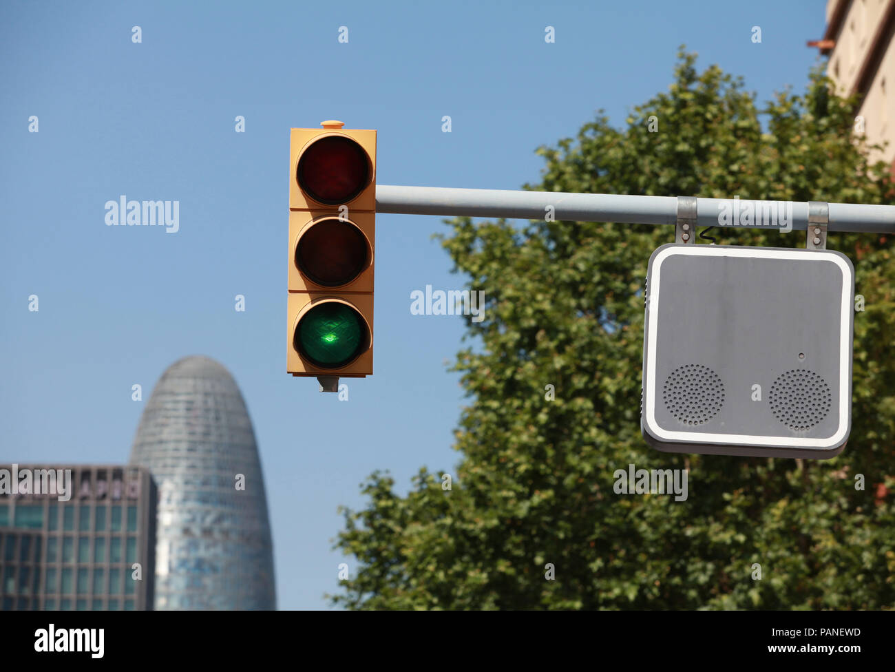 Barcelona green traffic light on the background of the cityscape Stock ...