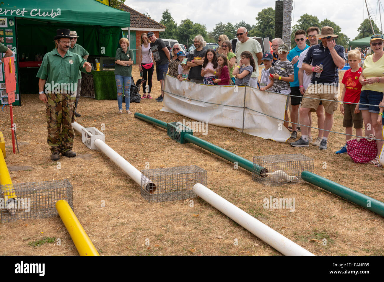 Crowd of people watching ferret racing at a country fair in Hampshire ...