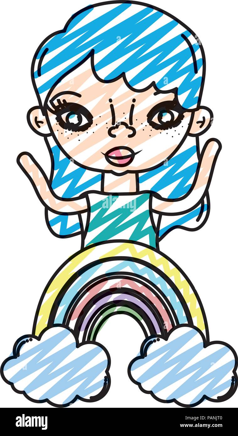 doodle pretty woman with cute rainbow and clouds Stock Vector Image ...