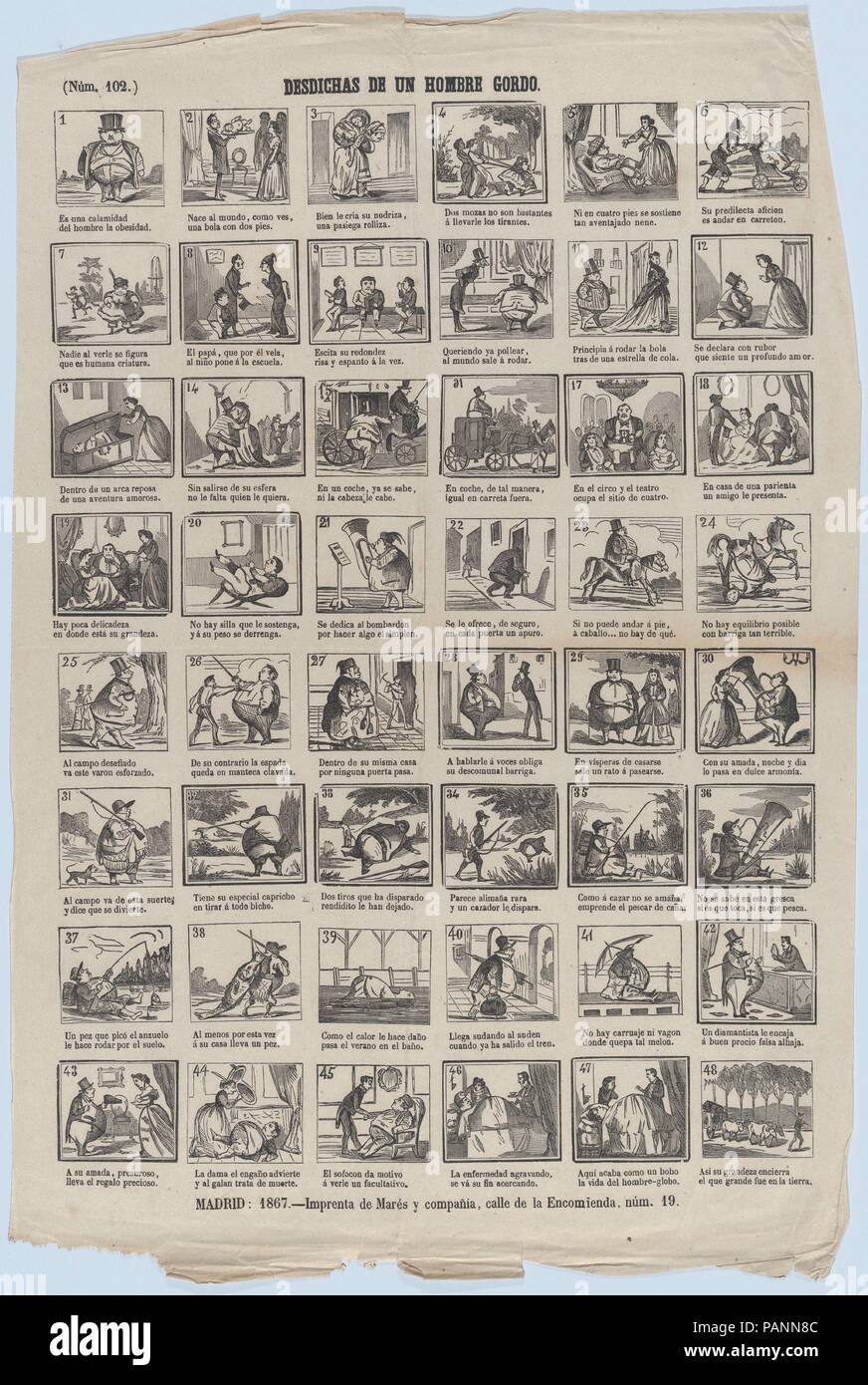 Broadside with 48 scenes illusrating the misfortunes of a fat man ...